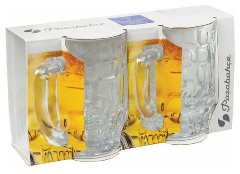 3 шт. Кружка для пива с ручкой, 500 мл, комплект 2 штуки, фактурное стекло, PASABAHCE "ПАБ", фирменная подарочная упаковка, 55289