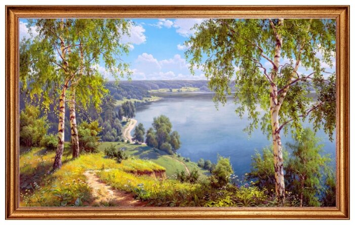 Картина на холсте, "На берегу реки", 100х60 см. Холст на деревянном подрамнике, оформлена в багет, Арт. ПИ-х4