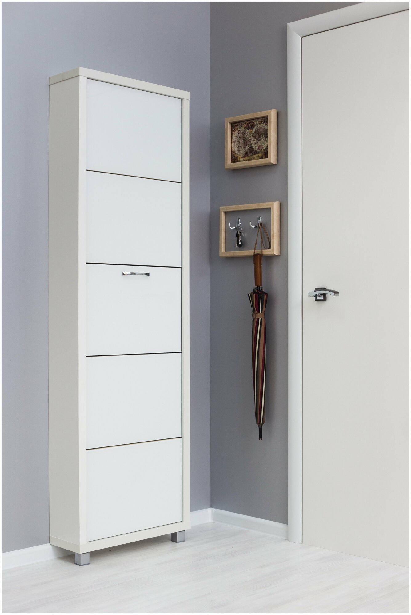 Шкаф обувной Люкс, Белый Шагрень 5 секции, фасад стекло белое