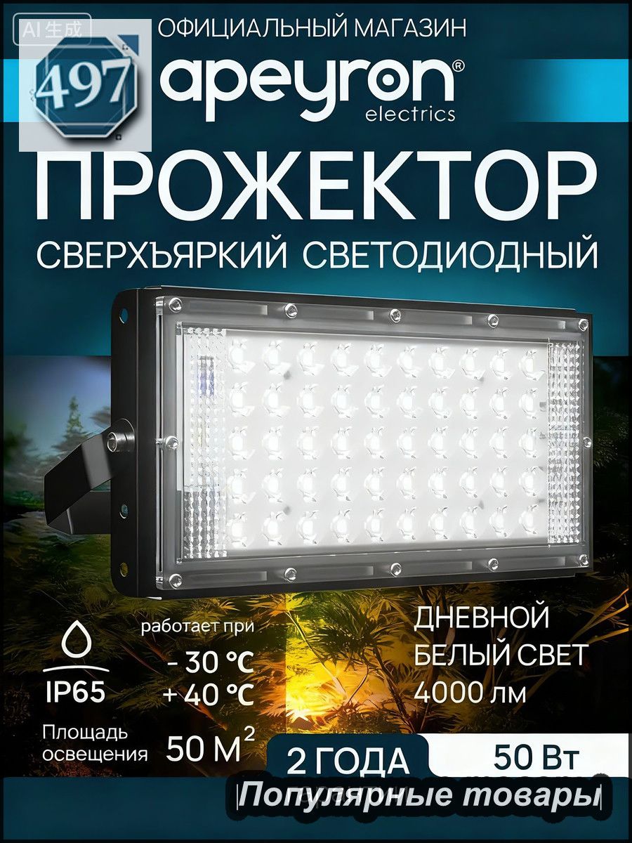 Прожектор светодиодный уличный трансформер 50Вт / IP65 4000К 220В 50W / Фонарь влагозащищенный Черный