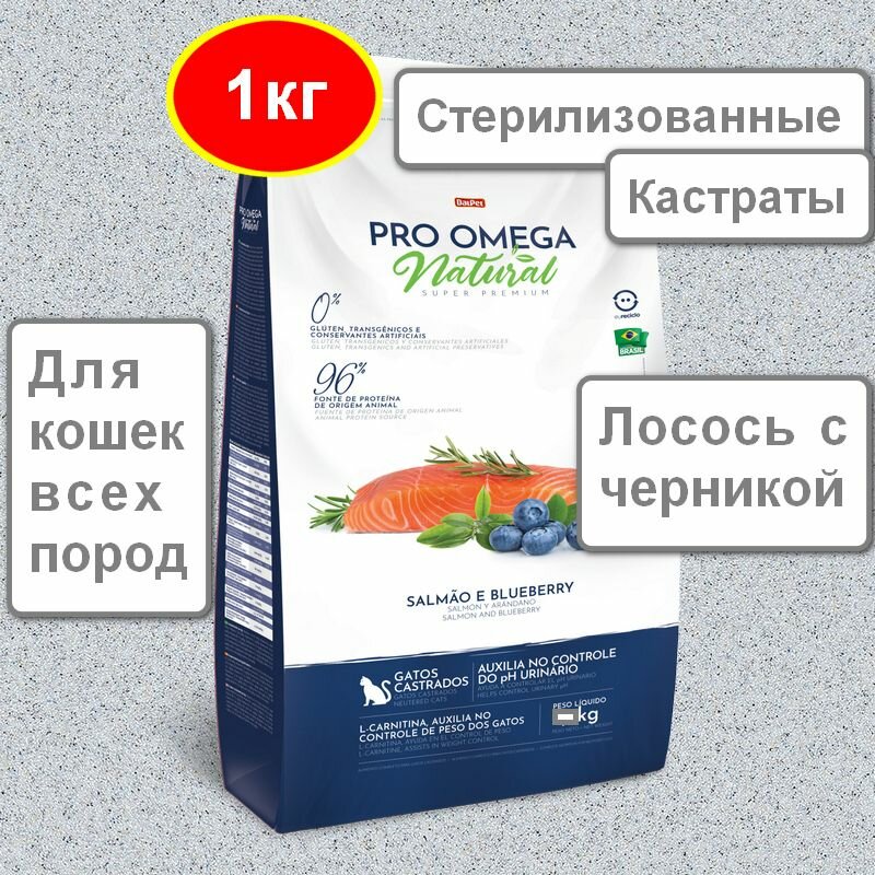 Корм NATURAL PRO OMEGA для стерилизованных кошек/кастрированных котов Натурал Про Омега Лосось и Черника 1кг