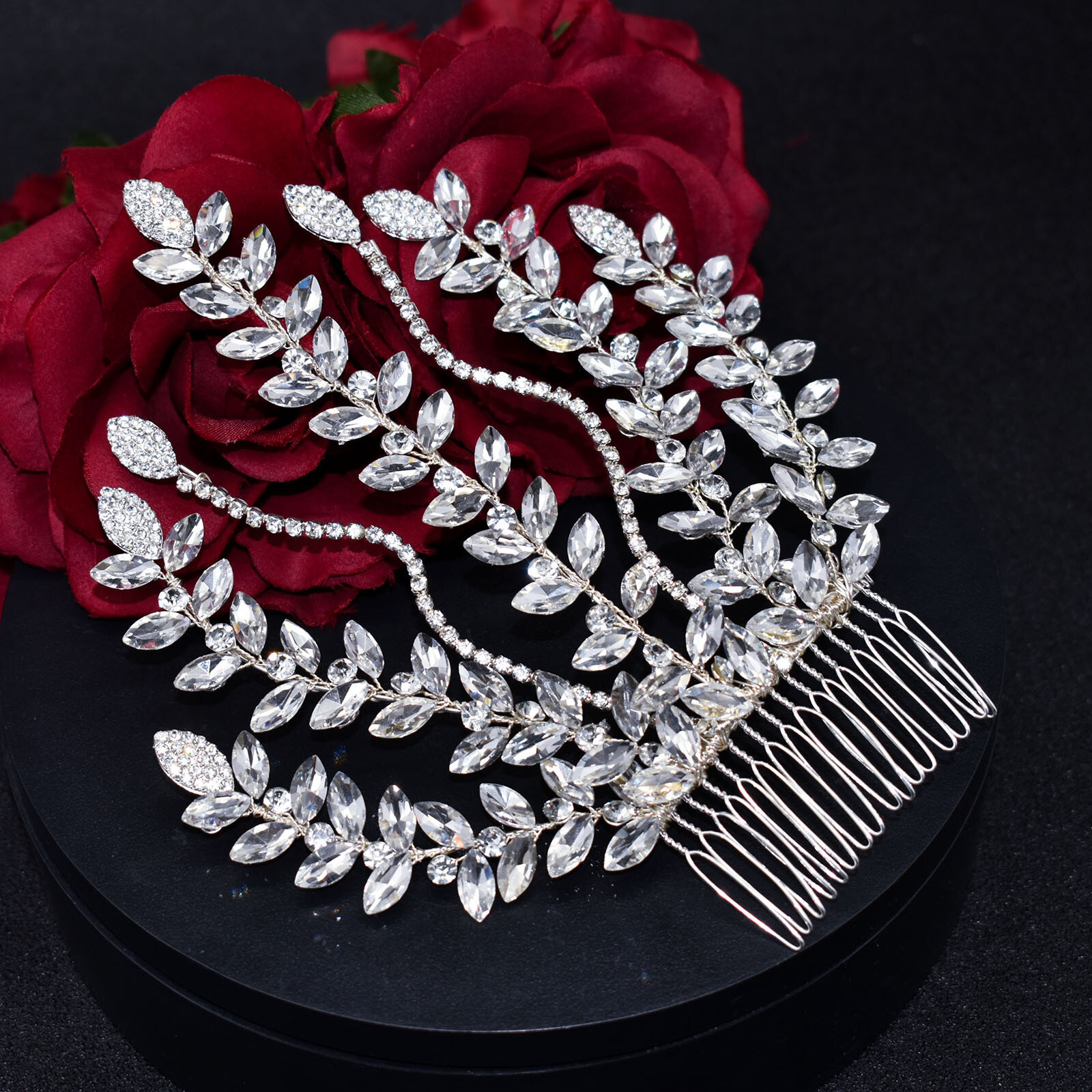 Свадебный гребень DZ016, серебристый, гибкий, с боковыми аксессуарами, со стразами