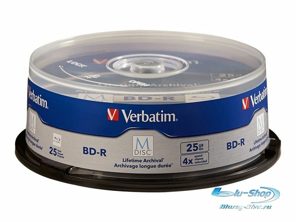 Диски чистые Verbatim Blu-ray M-DISC BD-R 25Gb 4X Cake Box, 25 штук