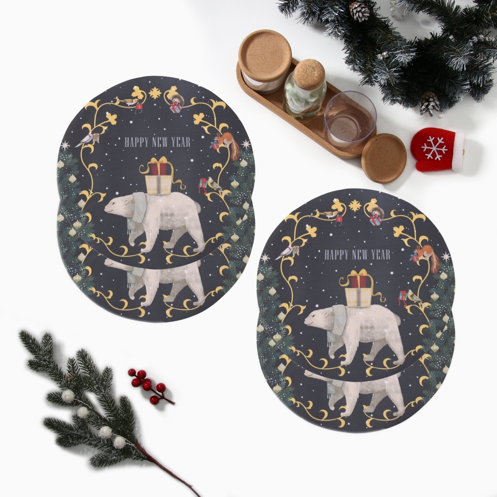 Набор сервировочных салфеток на стол "Happy and year" 30х30см-4шт, 100% п/э, оксфорд 420 г/м2, 10649396