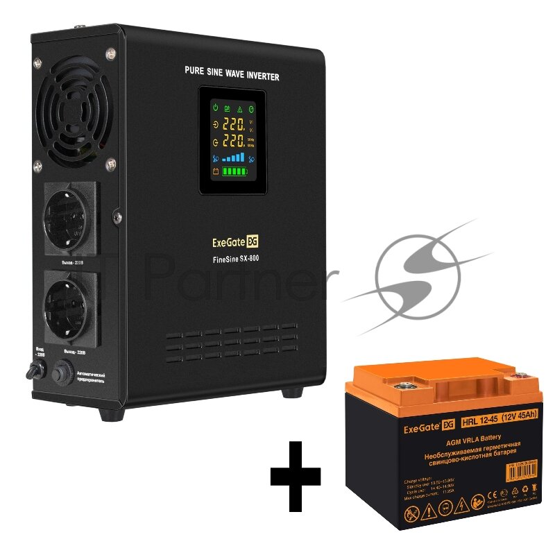 Комплект ИБП EX295996RUS + батарея 45Aч EX285666RUS 1шт (инвертор, синус, для котла, настенный) ExeGate FineSine SX-800. LCD. AVR.2SH <800VA/500W, чистая синусоида, цветной LCD-дисплей, AVR, 2*Schuko, линейно-интерактивный, крепление настенное/универса