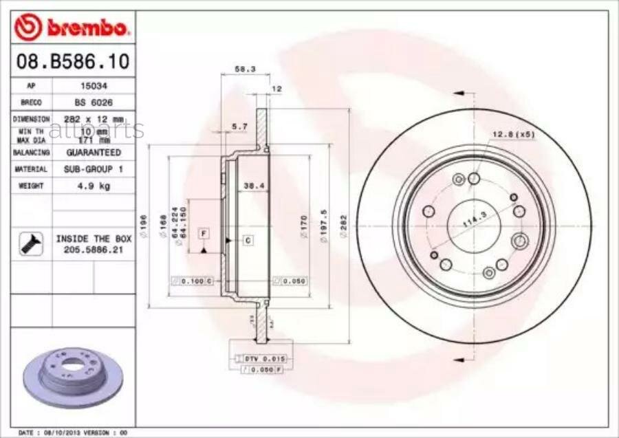 BREMBO 08. B586.10 Диск тормозной задн, HONDA: FR-V 04-, STREAM 01-