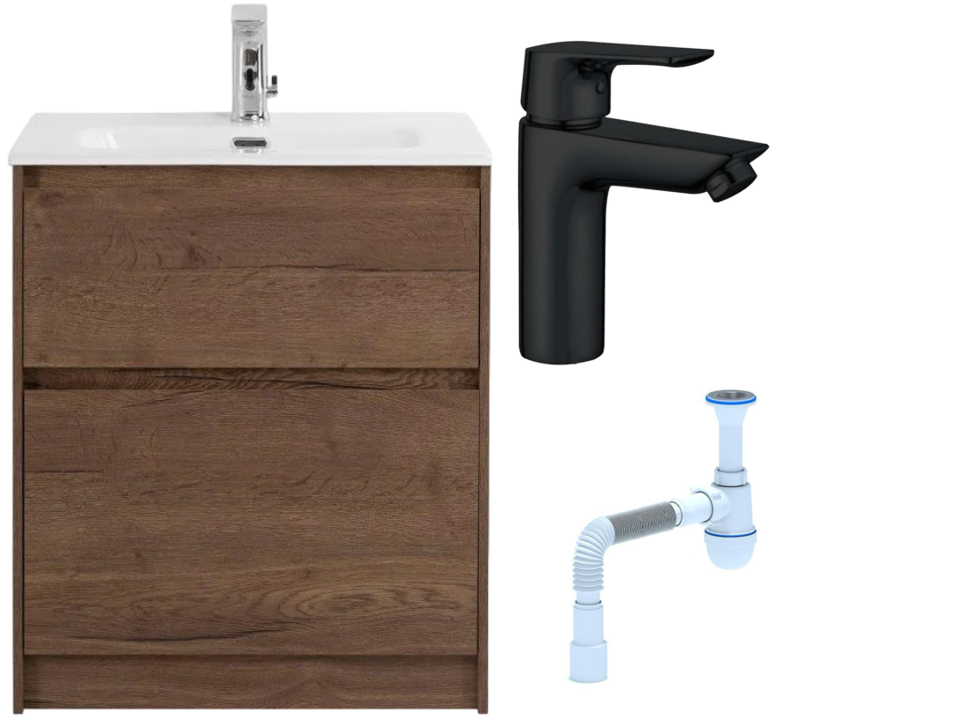 Комплект: Тумба с раковиной BelBagno Kraft 60 напольная + Смеситель для раковины BelBagno Delta DEL-LVM-NERO, черный + Сифон АниПласт 533328 + SNPAF330-10B + C2015xrv
