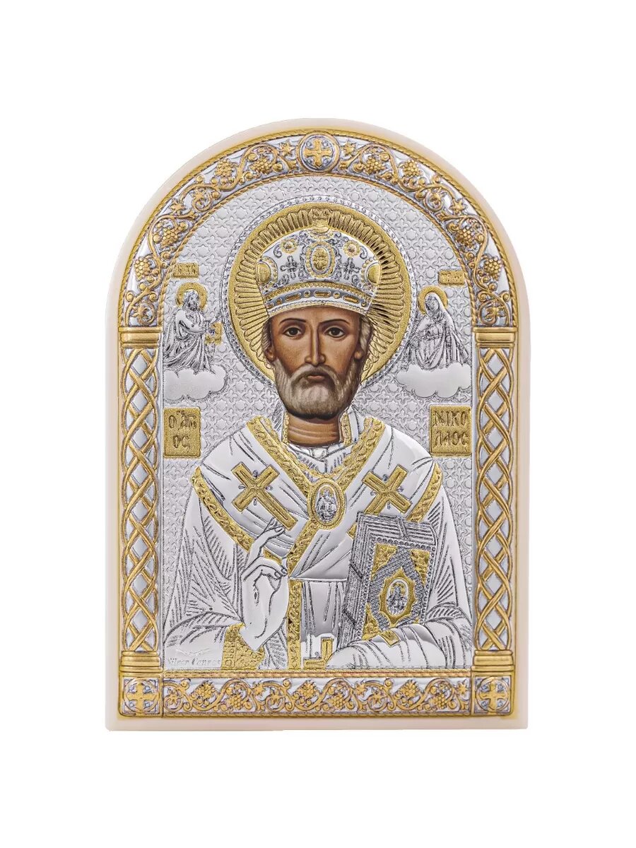 Икона серебряная, греческая Николай Чудотворец, 62х88мм.
