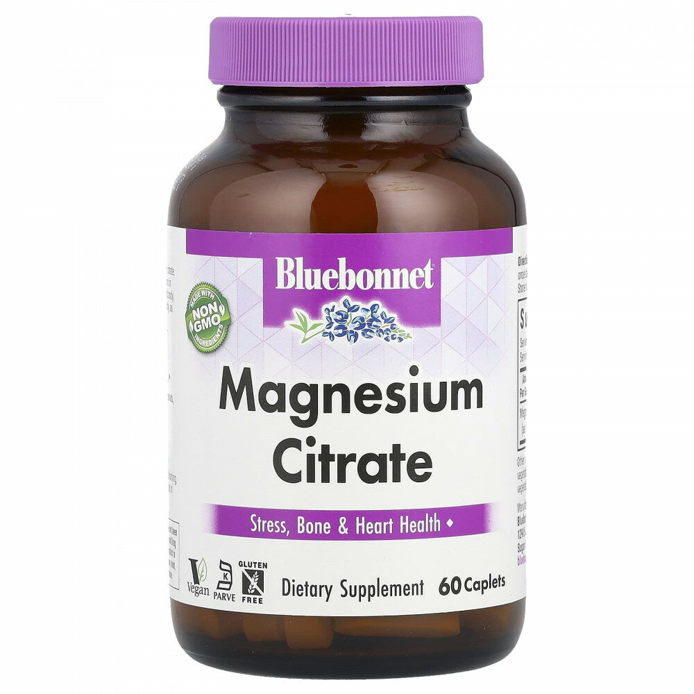 Bluebonnet Nutrition, цитрат магния, 60 капсуловидных таблеток (200 мг в 1 шт.)