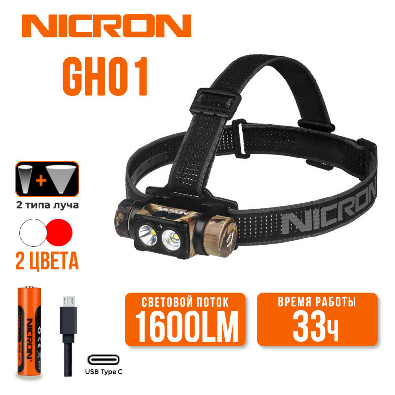 Налобный светодиодный фонарь NICRON GH01 Камуфляж, красный и белый свет, 1600 Лм, 105 м, с чехлом в комплекте