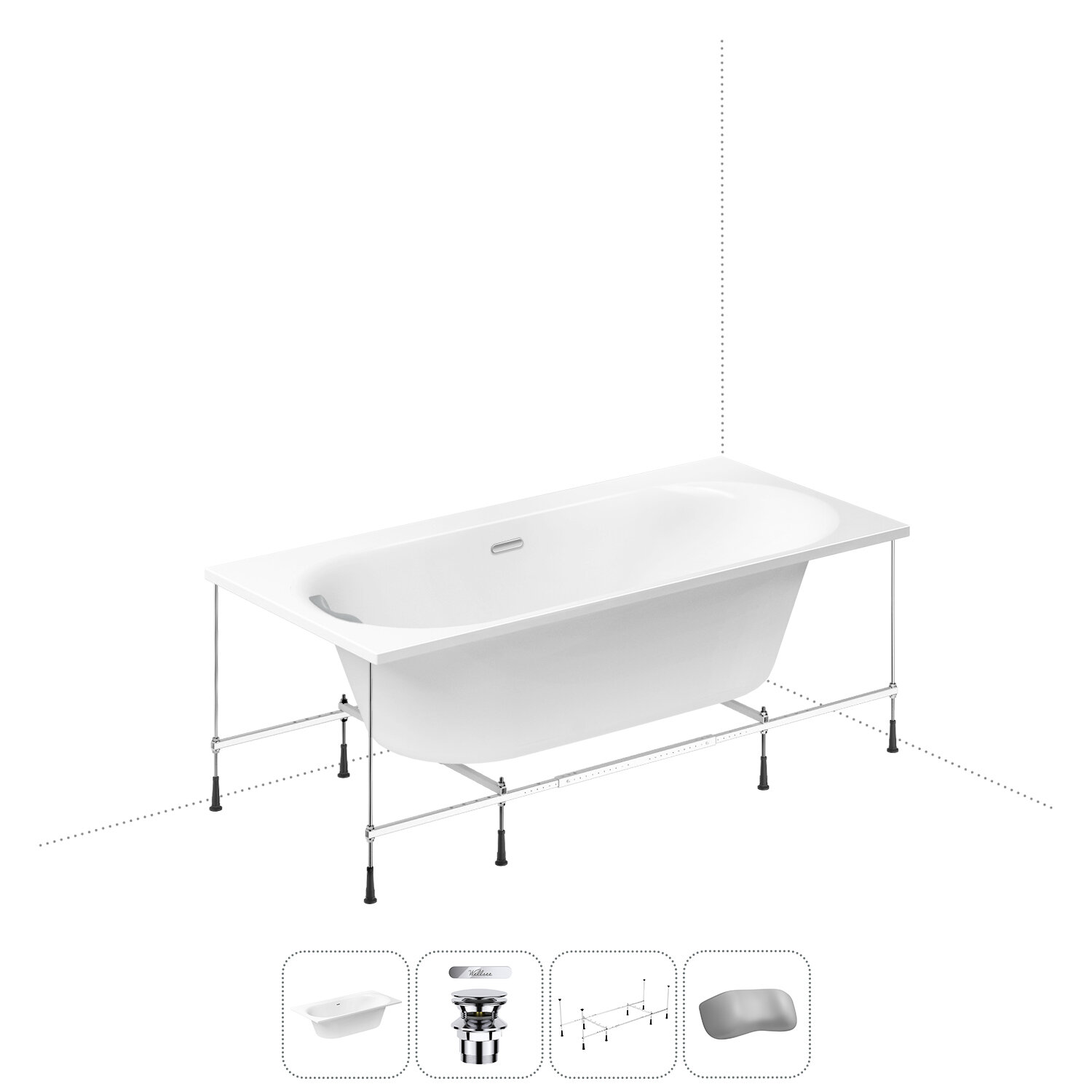 Акриловая ванна 180х90 с каркасом Wellsee Dream For More 20216809R в наборе 4 в 1: ванна акриловая 180 х 90 см в цвете белый глянец, слив-перелив хром, каркас, подголовник