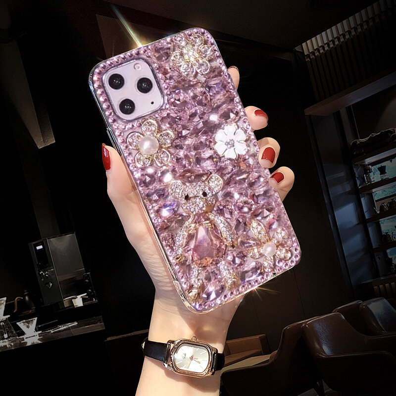 Стразы "Роскошные", для iPhone 12, розовый мишка с бриллиантами