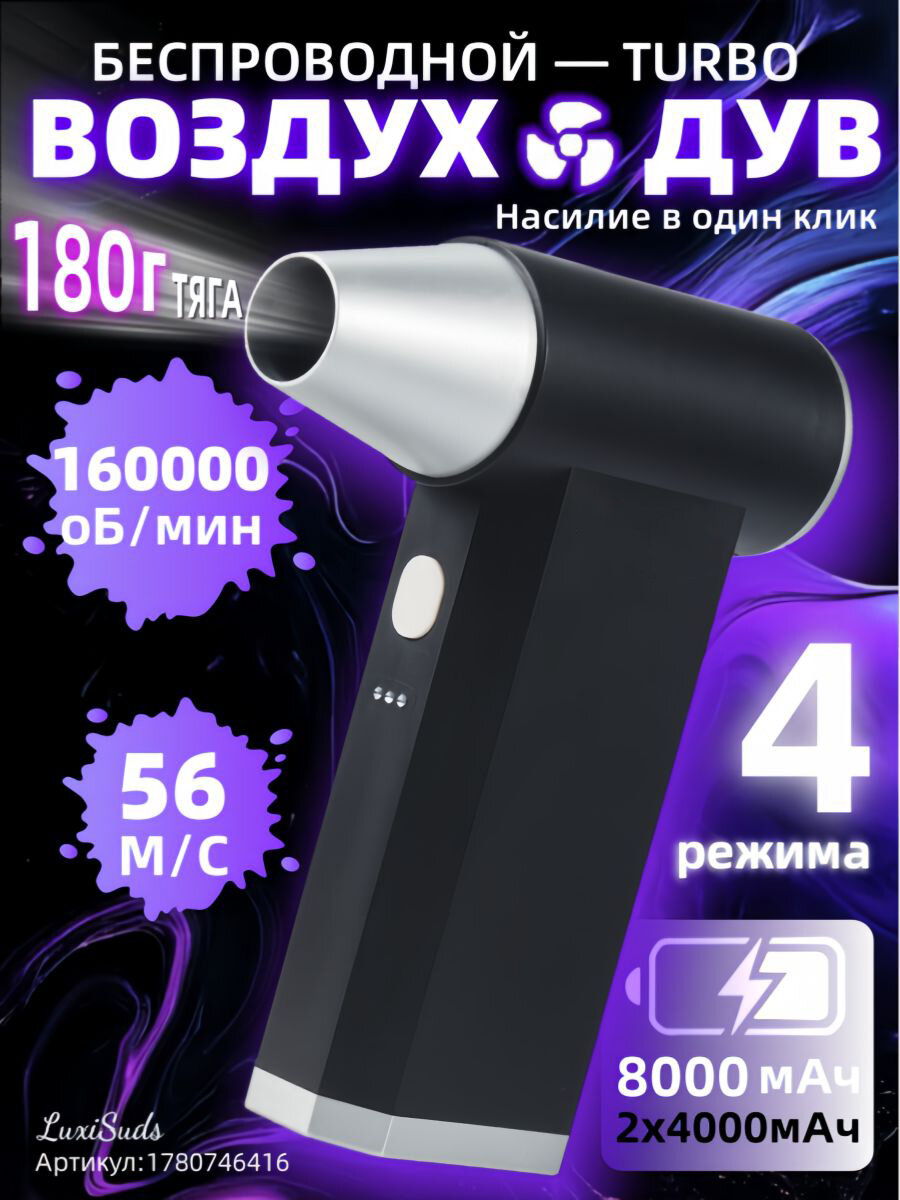 Воздуходувка аккумуляторная/ обдувка для авто от снега/ турбовентилятор 160000 об/мин, 8000 мАч.