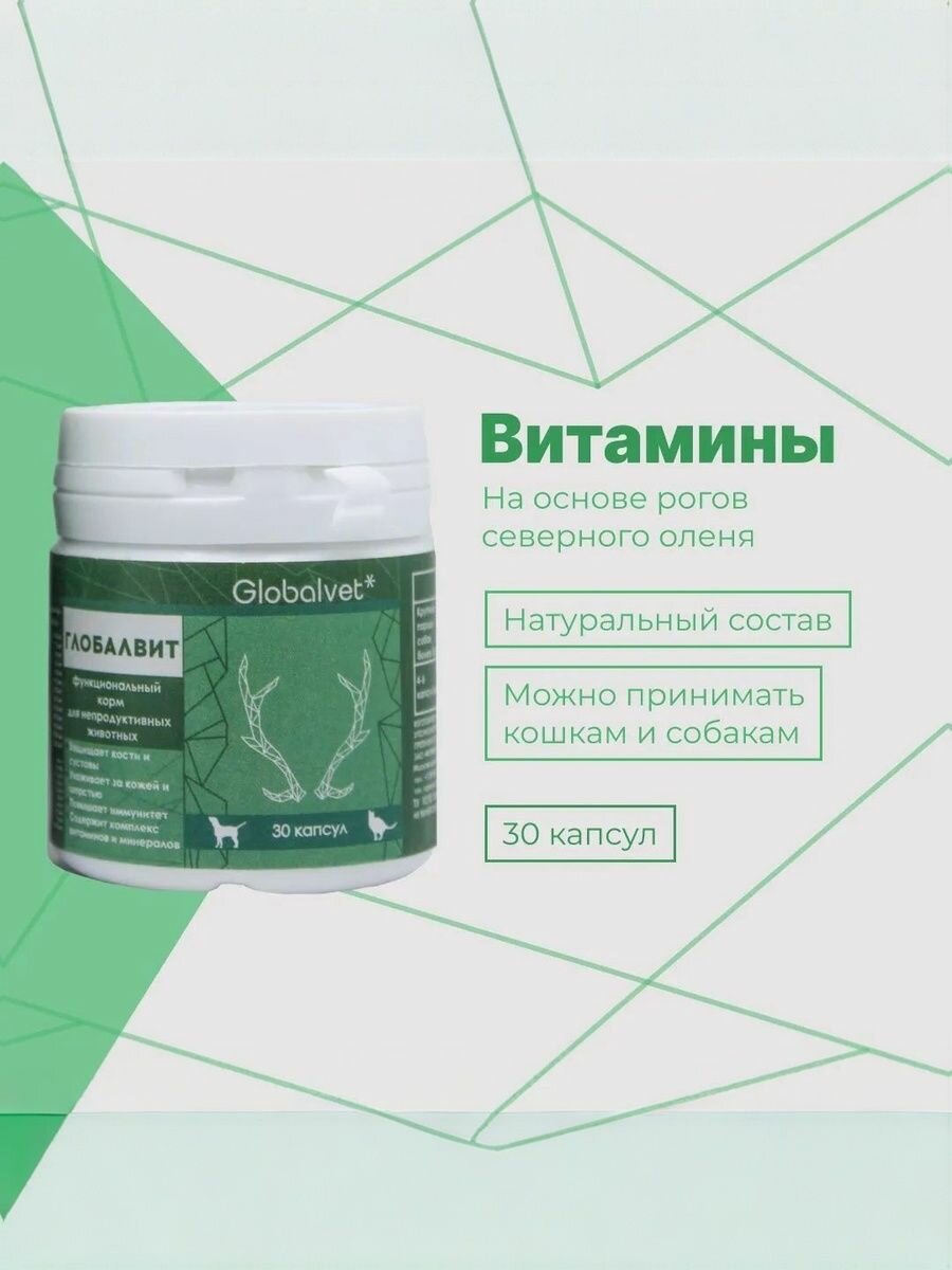 Витамины для кошек и собак на основе рогов северного оленя GlobalVit для костей, суставов, шерсти и иммунитета комплекс с глюкозамином, биотином и Омега-3, 30 капсул