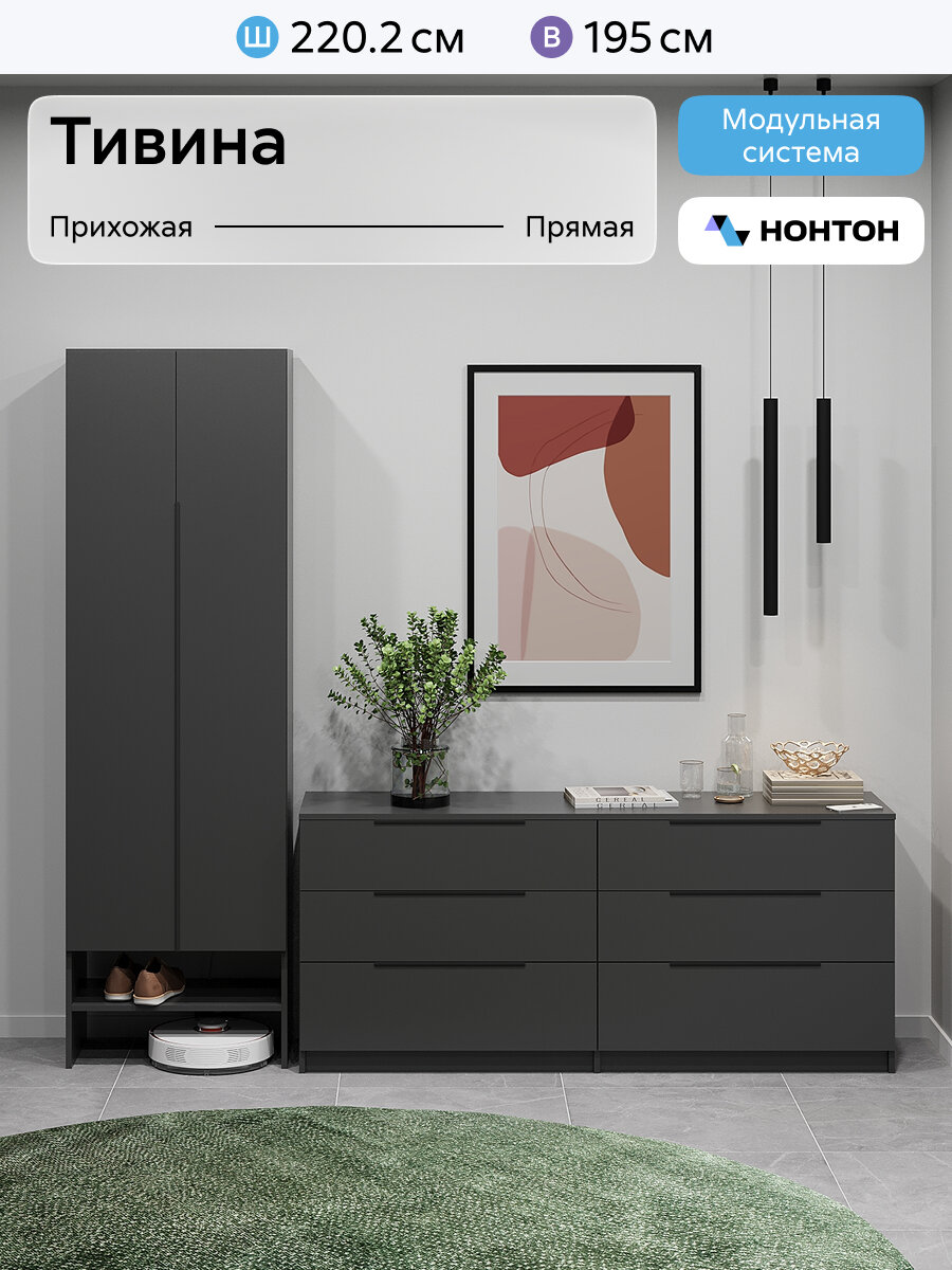 Стенка в прихожую Нонтон Тивина №5, 210x39x195 см, 2 модуля, графит серый