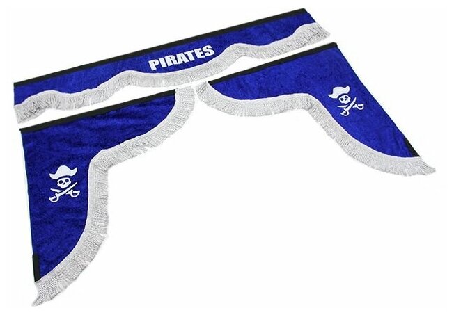 Ламбрекен лобовой 1.5м. бархат с надписью PIRATES + боковые с рисунком (синий + белая бахрома)