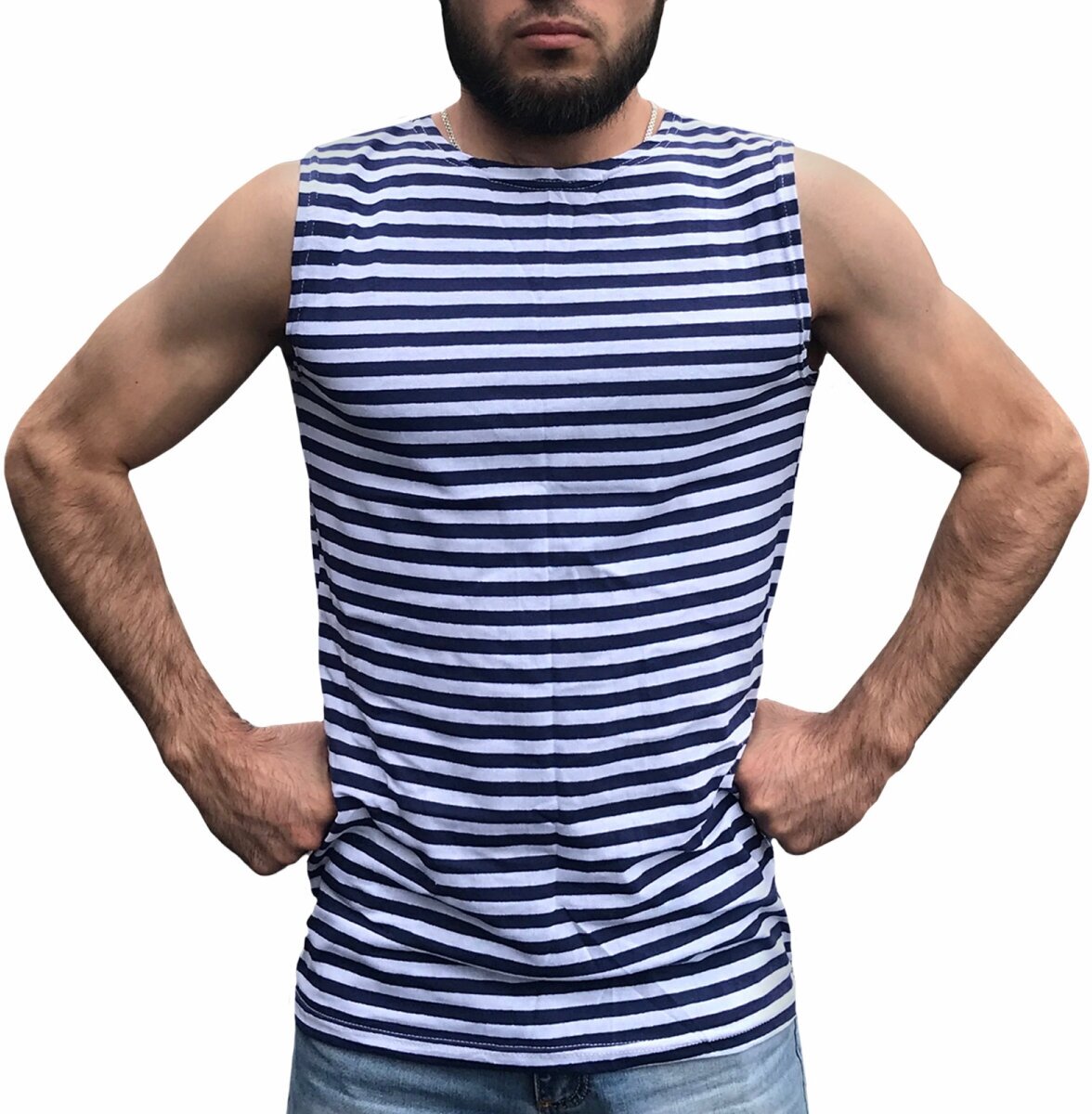 Мужская майка-тельняшка ВМФ, темно синяя полоска, хлопок 100%, размер RUS 60-62