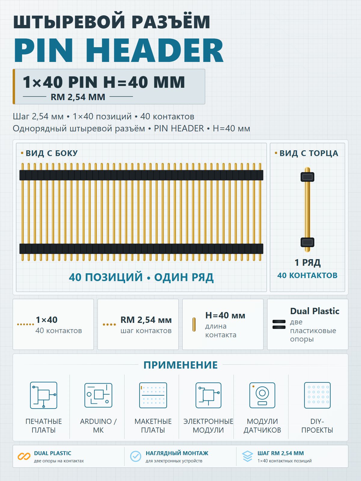 Штыревой разъем PIN HEADER 1x40 контактов, шаг 2.54 мм, высота 40 мм, одинарный ряд