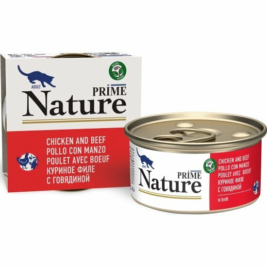 Влажный корм для кошек Prime Nature Куриное филе с говядиной в бульоне 85г*12 шт
