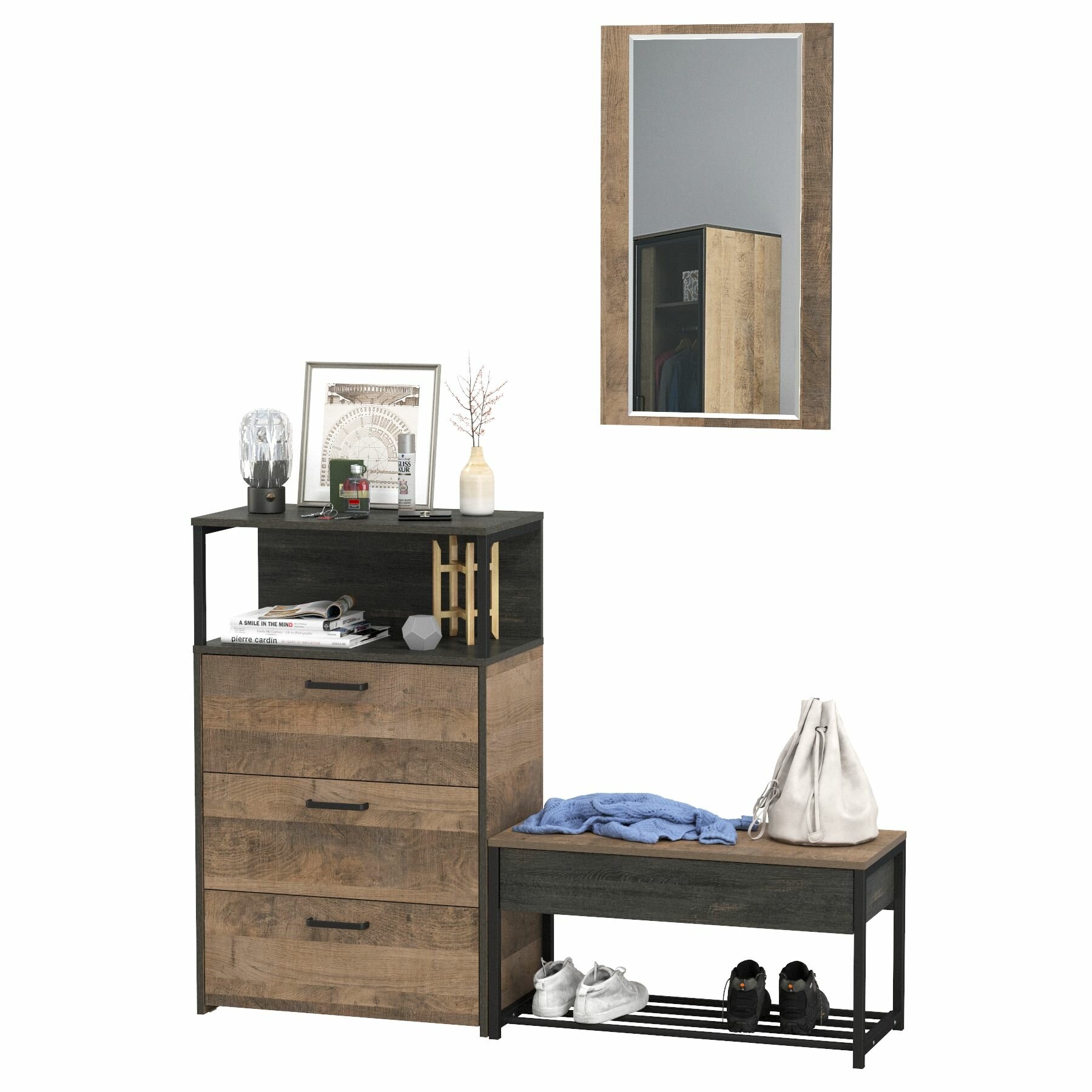 Комод с ящиками и обувница с сиденьем с зеркалом Трувор, цвет дуб гранж песочный/интра, ШхГхВ 146х37х195 см.