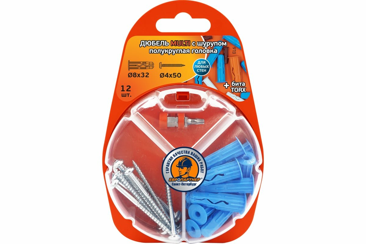 Европартнер дюбель MULTI plug 8x32 шуруп MULTI, головка полукруглая, неполная резьба, ZN