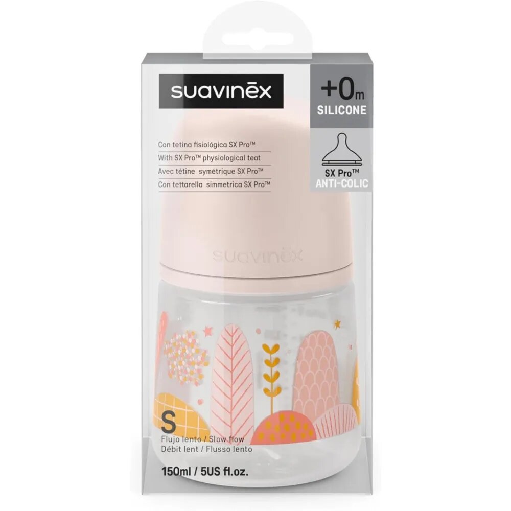 Бутылочка Suavinex 150 мл. пластиковая с физиологической соской 0м+, с противоколиковым клапаном (308317) А
