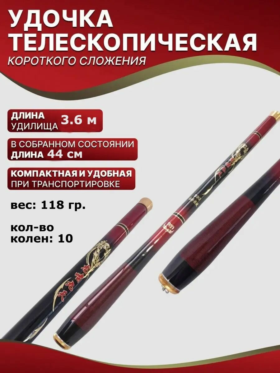 Удочка телескопическая короткого сложения 28 строй, 3.6 м
