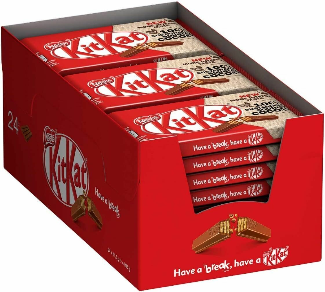 Шоколадный батончик KitKat "4 Fingers", молочный шоколад, с вафлями, 41,5 г, 24шт