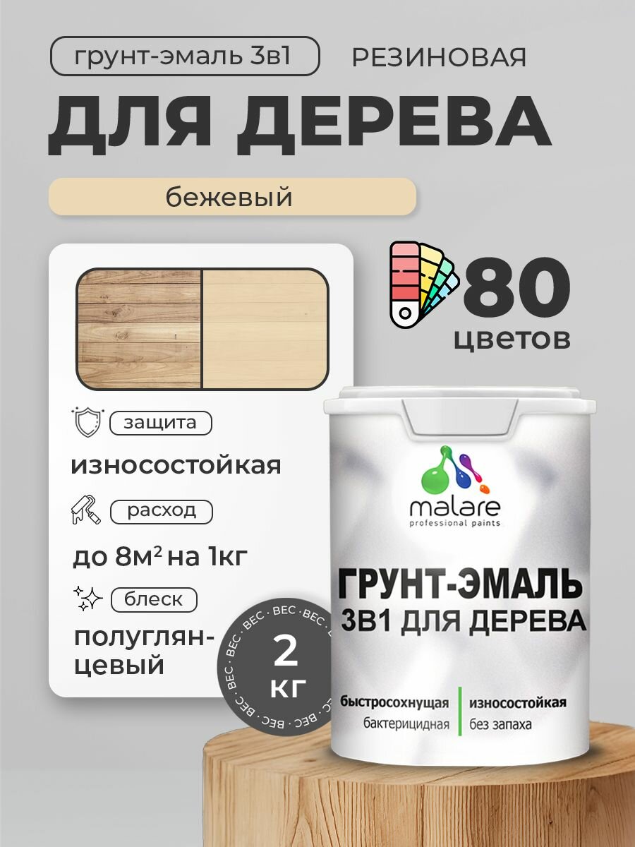 Резиновая Грунт-Эмаль 3 в 1 Malare для деревянных поверхностей/ краска по дереву с антисептическим эффектом/ быстросохнущая моющаяся без запаха полуглянцевая, бежевый, 2 кг