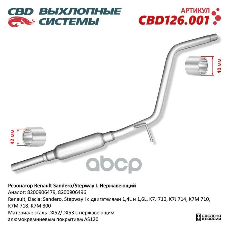 Глушитель RENAULT Sandero (07-) средняя часть CBD CBD арт. CBD126.001