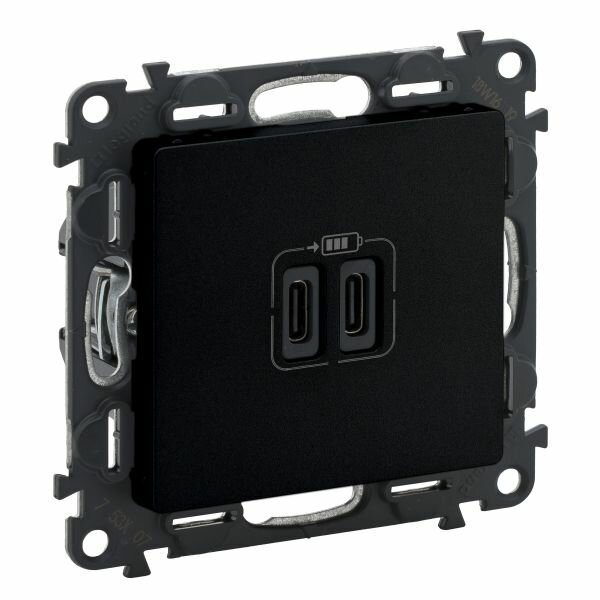 1 шт. Legrand Valena LIFE Black. Зарядное устройство с двумя USB-разьемами тип C-тип С 240В/5В 3000мА. С лицевой панелью. Цвет Антрацит, 756307