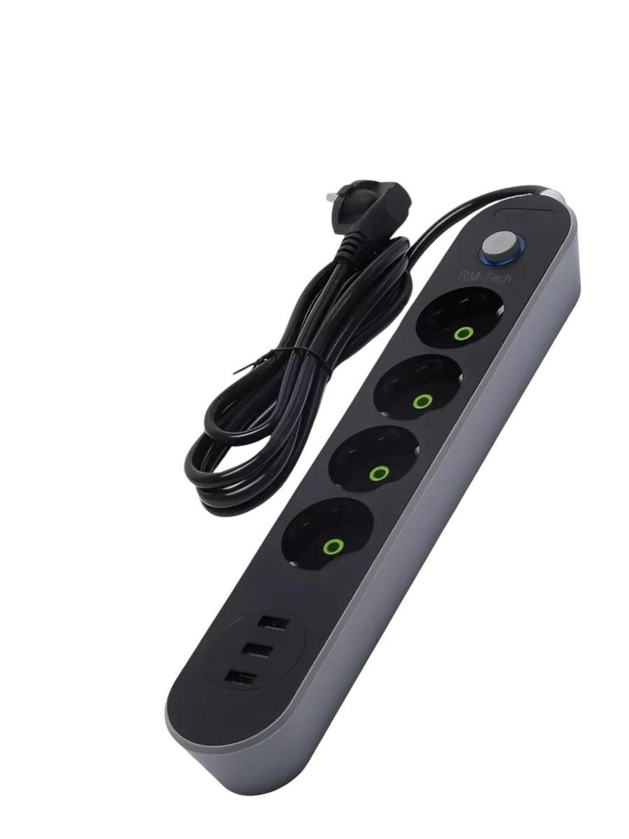 Сетевой фильтр, с USB-портом, черный, 2500Вт, световая индикация