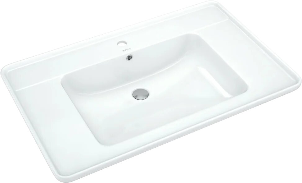 Мебельная раковина Kirovit Дуглас 85 накладная, фаянсовая, со встроенным сливом-переливом, белая, раковина для ванной, прямоугольная