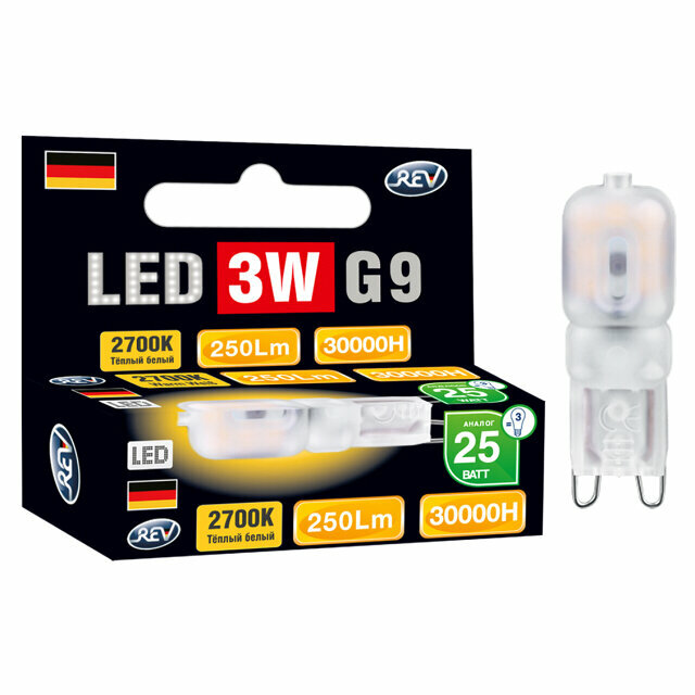 REV светодиодная лампа G9 3Вт 220В 2700К JCD компактная для бытового освещения
