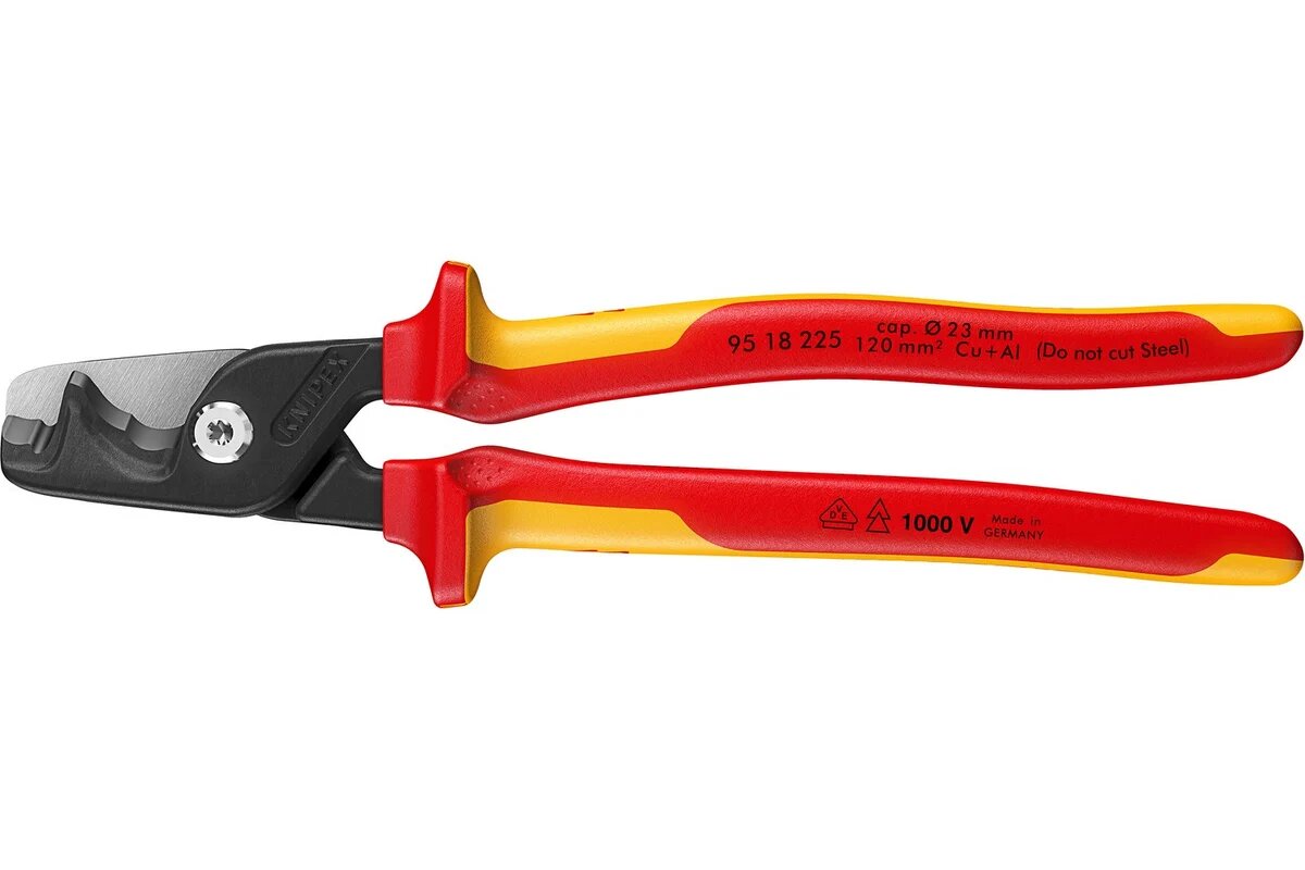 Кабелерез Knipex StepCut XL VDE, ступенчатый рез, 23 мм (120 мм), 225 мм, хром, 2-комп диэлектрические ручки, SB KN-9518225SB