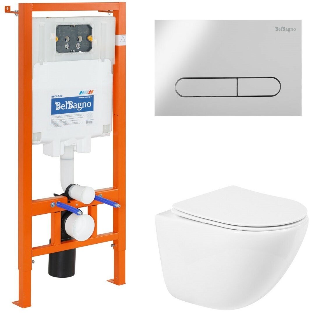 Комплект инсталляции с подвесным унитазом BelBagno Amanda с сиденьем микролифт и клавишей смыва хром глянец