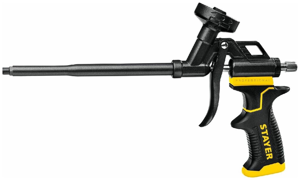 Тефлоновый пистолет для монтажной пены STAYER Black Pro с тефлоновым покрытием держателя и сопла двухкамерным стволом и игольчатым клапаном из нержавеющей стали