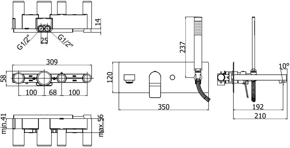 Смеситель для ванны с душем Paffoni Tilt TI001ST (с внутренней частью)