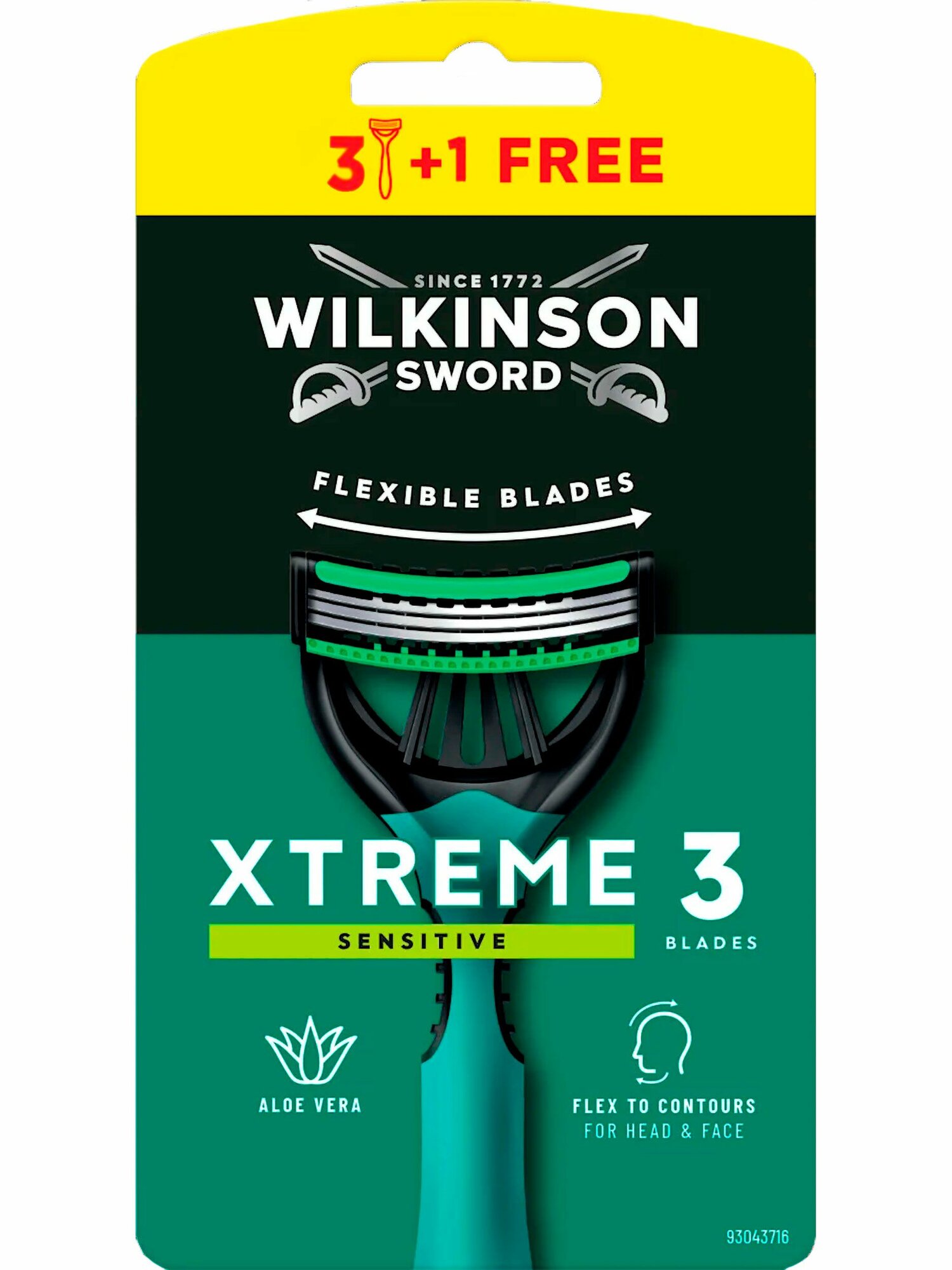 Wilkinson Sword Бритвы одноразовые Schick XTREME 3 Sensitive (4 станка), 3 лезвия, плав. головка, увл. полоска, прорезиненная ручка