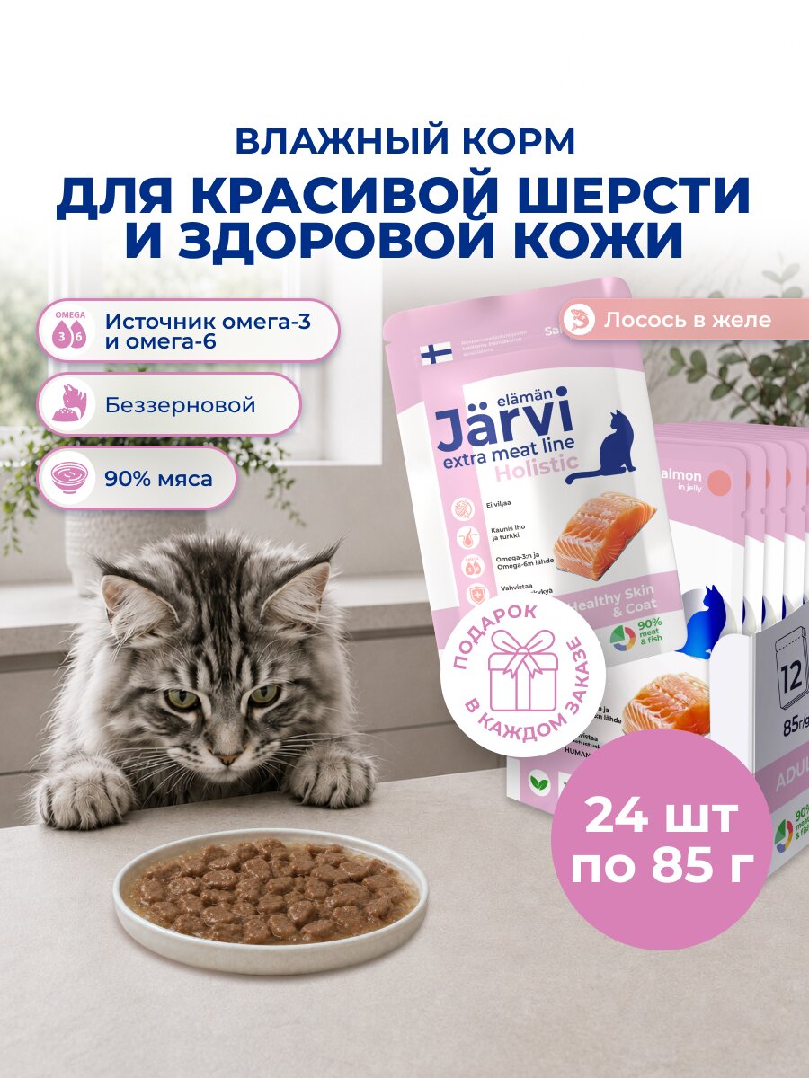 Влажный корм Jarvi Extra meat line для кошек для красивой шерсти и здоровой кожи с лососем (кусочки в желе), 85 г х 24 шт.