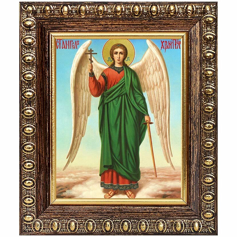 Ангел Хранитель (лик № 215), икона в темной пластиковой рамке 8,5*10 см