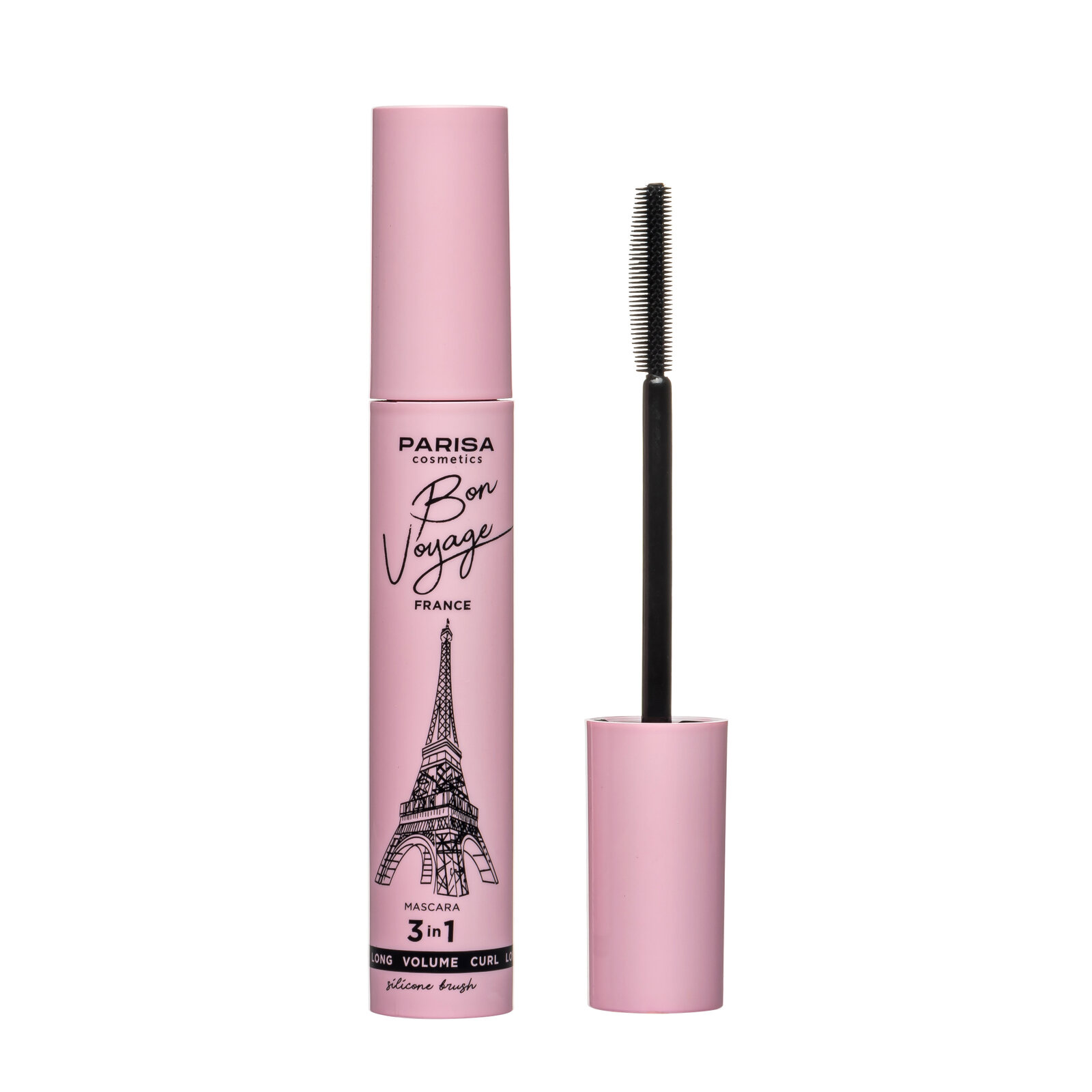 Тушь для ресниц Parisa Cosmetics Bon Voyage France 3в1 Curl Volume Long, силиконовая кисть, цвет: черный, 12 мл
