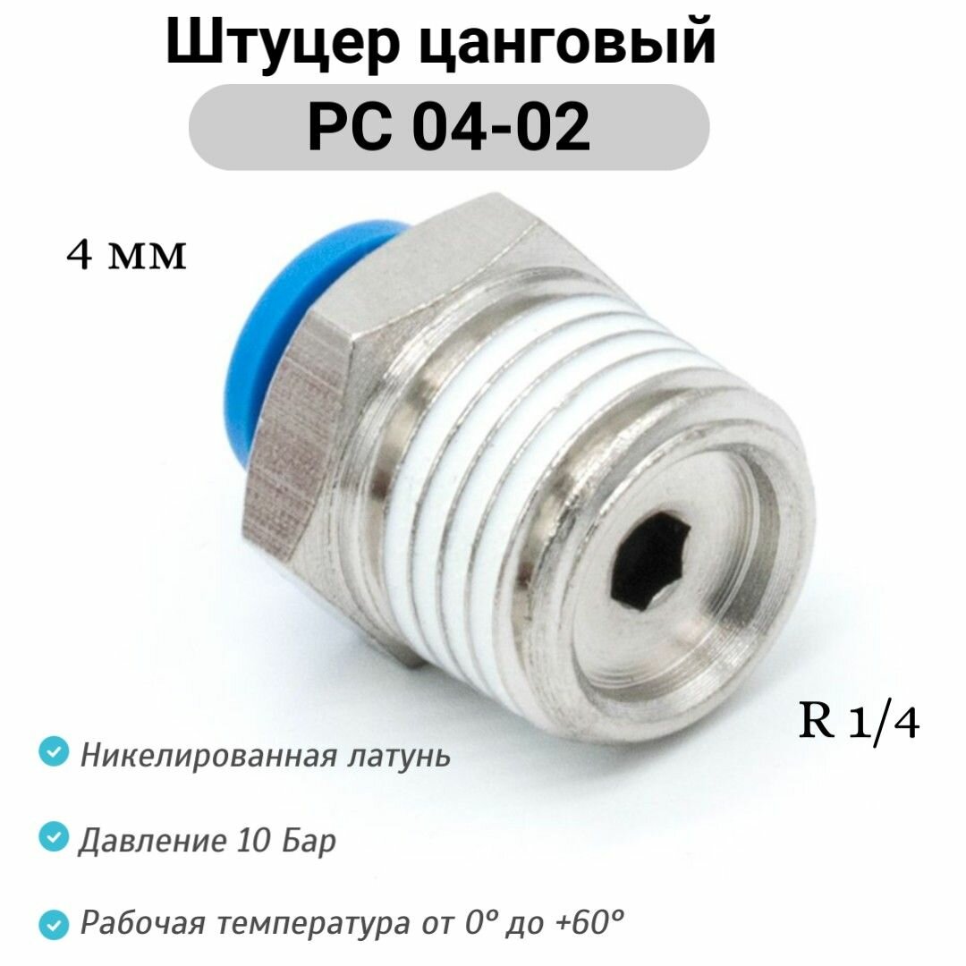 Штуцер прямой с наружной резьбой (R1/4) - PC 04-02 пневмофитинг цанговый быстросъемный