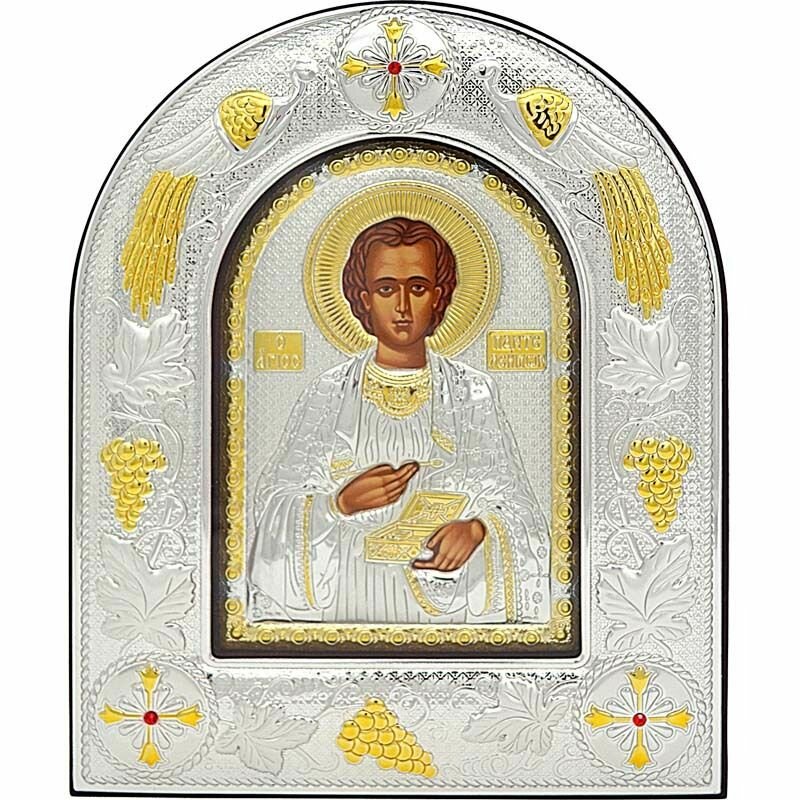 Пантелеймон Целитель. Икона в серебряном окладе, в киоте под стеклом.