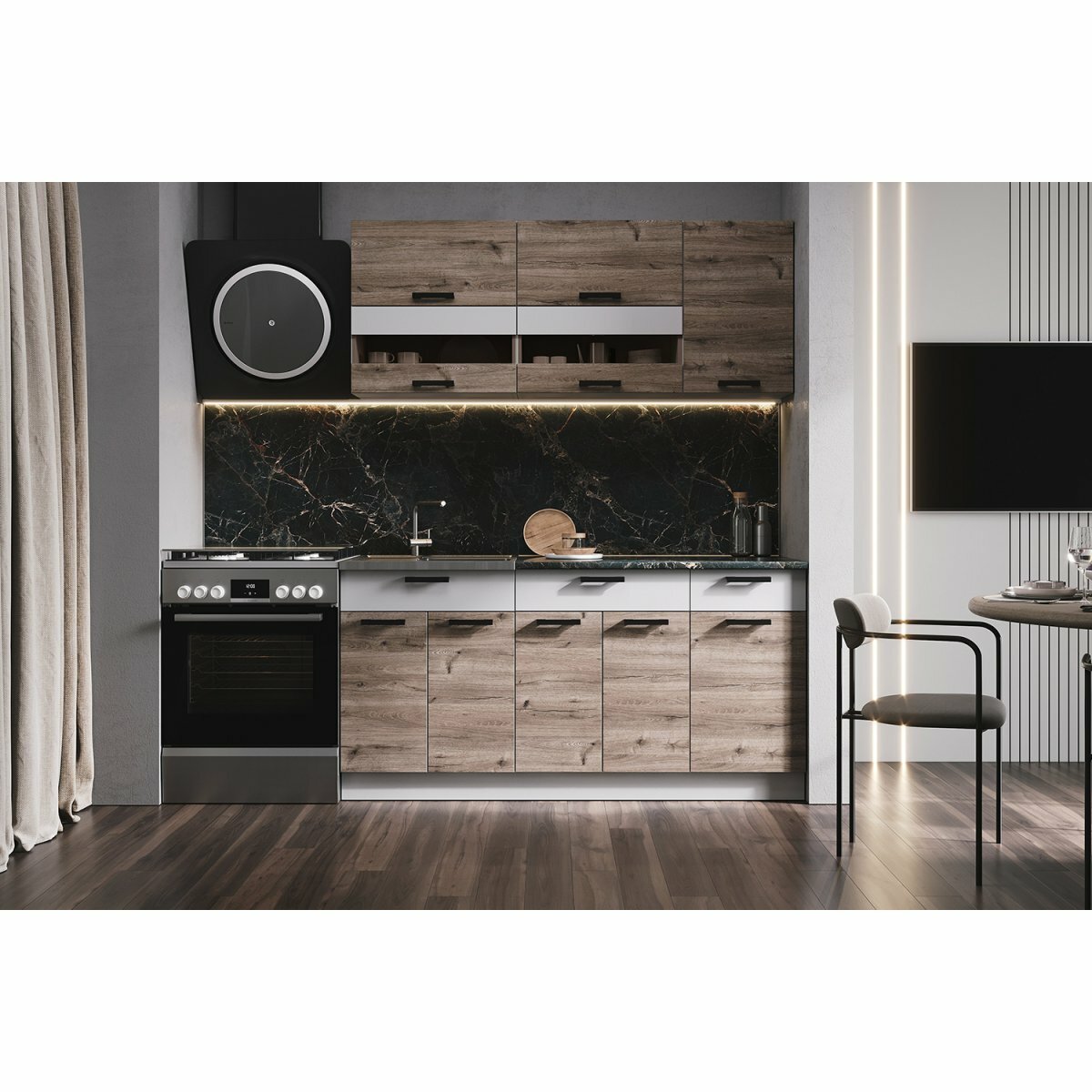 Модульная кухня " Эра " 1,6 метра цвет фасадов Дуб горный / Белый / Мрамор черный , ЛДСП, МДФ