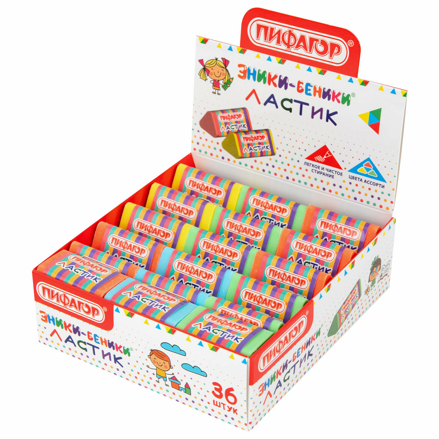 Упаковка 72 шт. Ластик трехгранный пифагор "эники-беники", 35х18х18 мм, картонный держатель, цвета ассорти, 272668