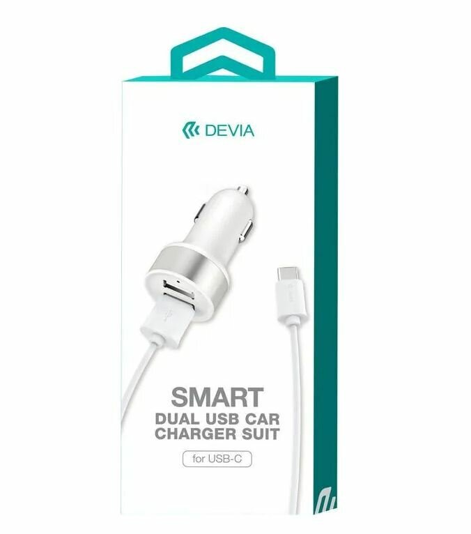 Автомобильное зарядное устройство Devia Smart Dual, кабель Type-C, белый