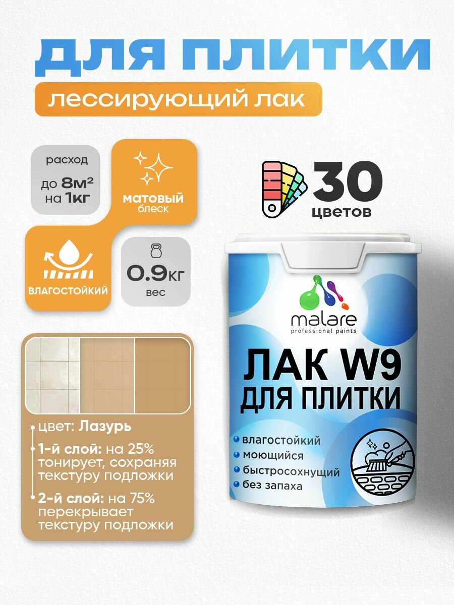 Лак колерованный тонирующий для защиты плитки и кафеля Malare W9 акриловый влагостойкий моющийся быстросохнущий, матовый, лазурь, 0.9 кг.