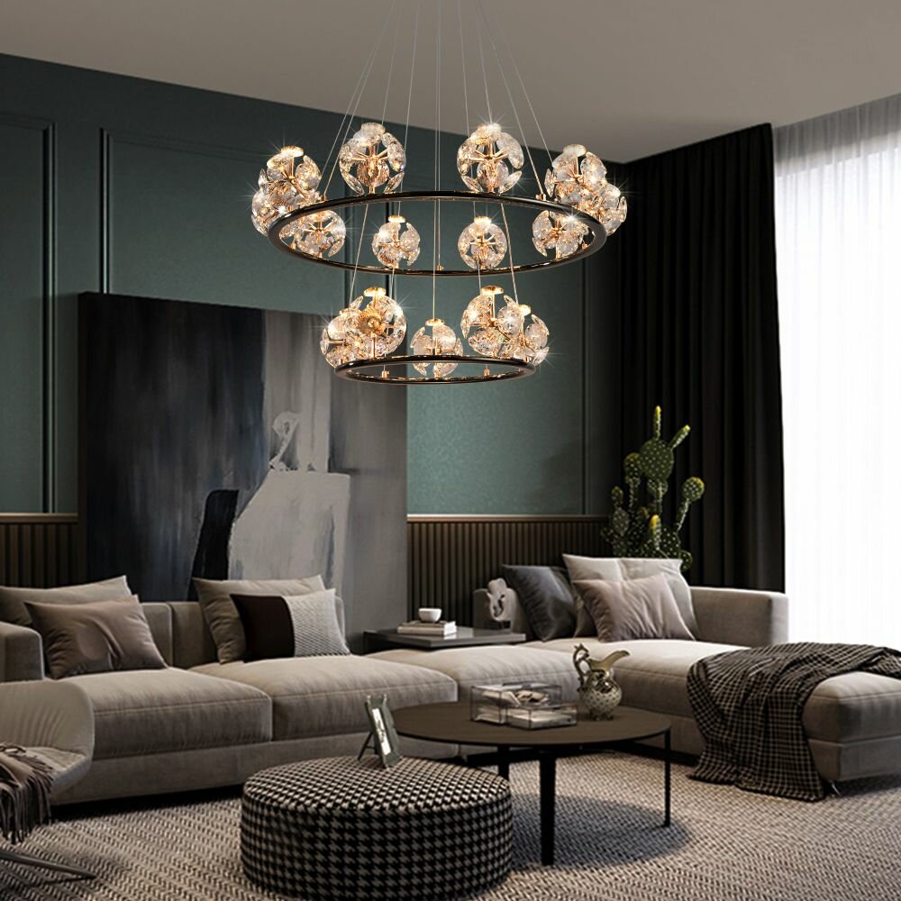 Artpad Подвесная хрустальная люстра, черная, LED, 3 режима света, алюминий и хрусталь для гостиной — фото 1