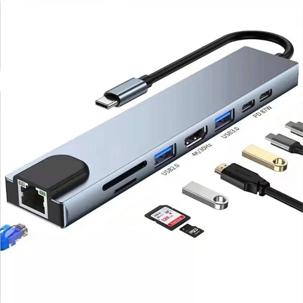 8-в-1 USB-C Хаб С SD/TF Кардридером, HDMI, USB 3.0/2.0, Ethernet, OTG, Зарядной Базой Для MacBook/Pro, Конвертер Для MacBook Pro